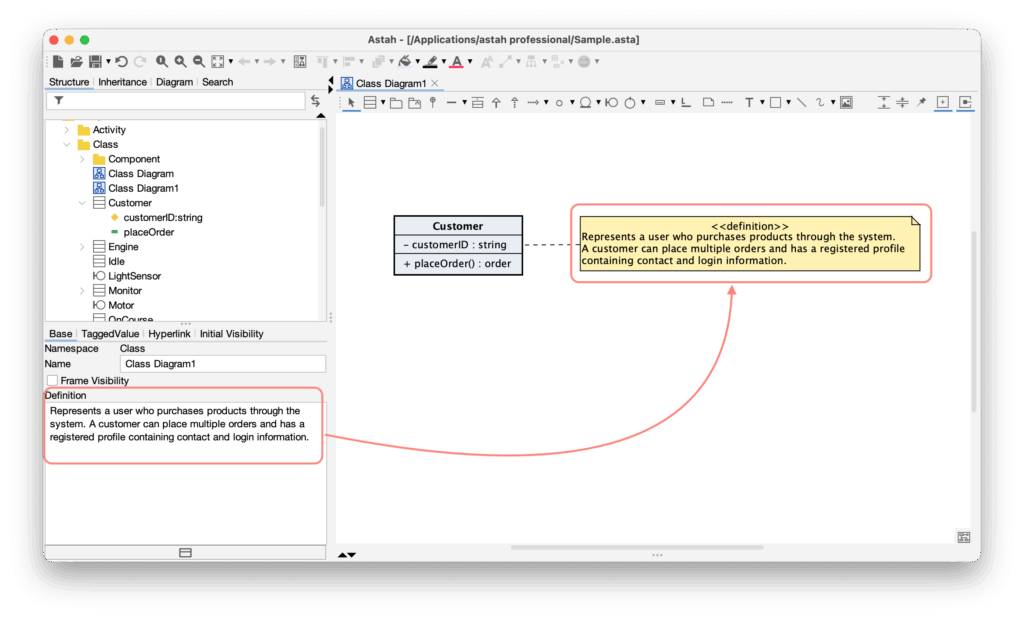 Display Definitions as Notes on Diagrams - Astah Professional an UML